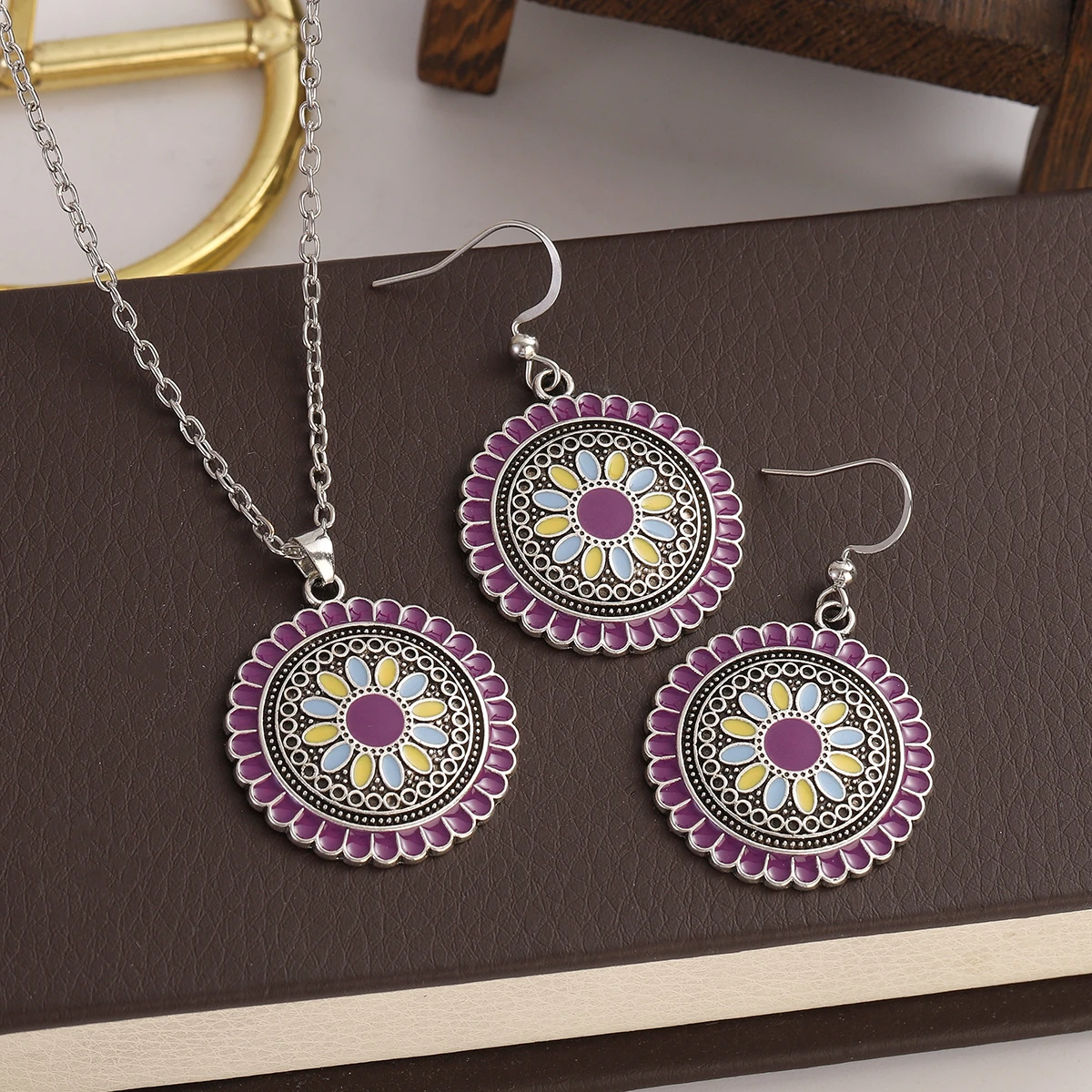 Bohemian Purple Flowers Jewelry Sets for Woman Alloy Round Silver Color ...