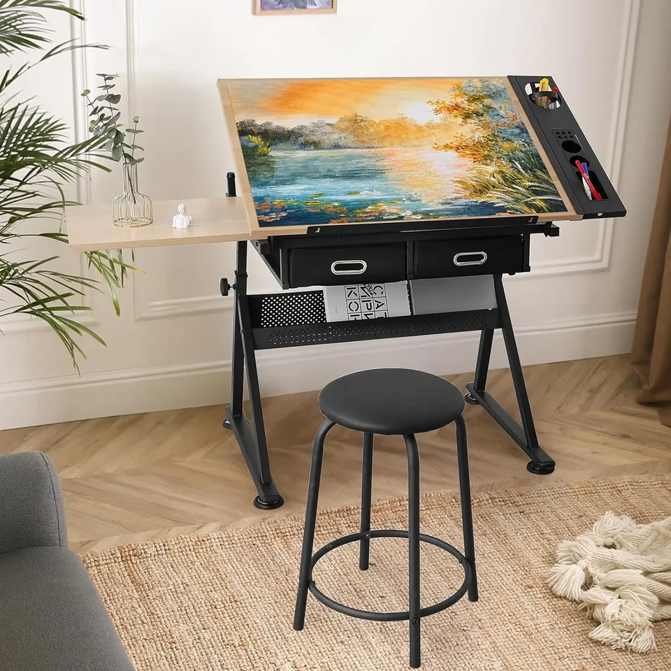 Glass Desk Adjustable Drafting Table W/Stool - Tilting Art Desk With ...