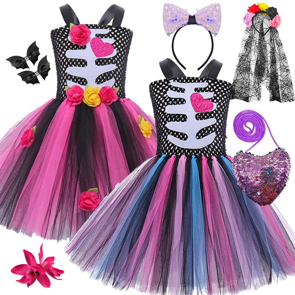 Halloween Kids Dress Cosplay Heart Print Skeleton Costumes Girls Floral ...