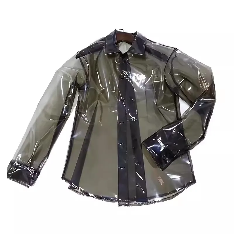 Man-s-Black-PVC-Fashion-Clear-Shirts-See-Through-Wateproof-Rainproof ...