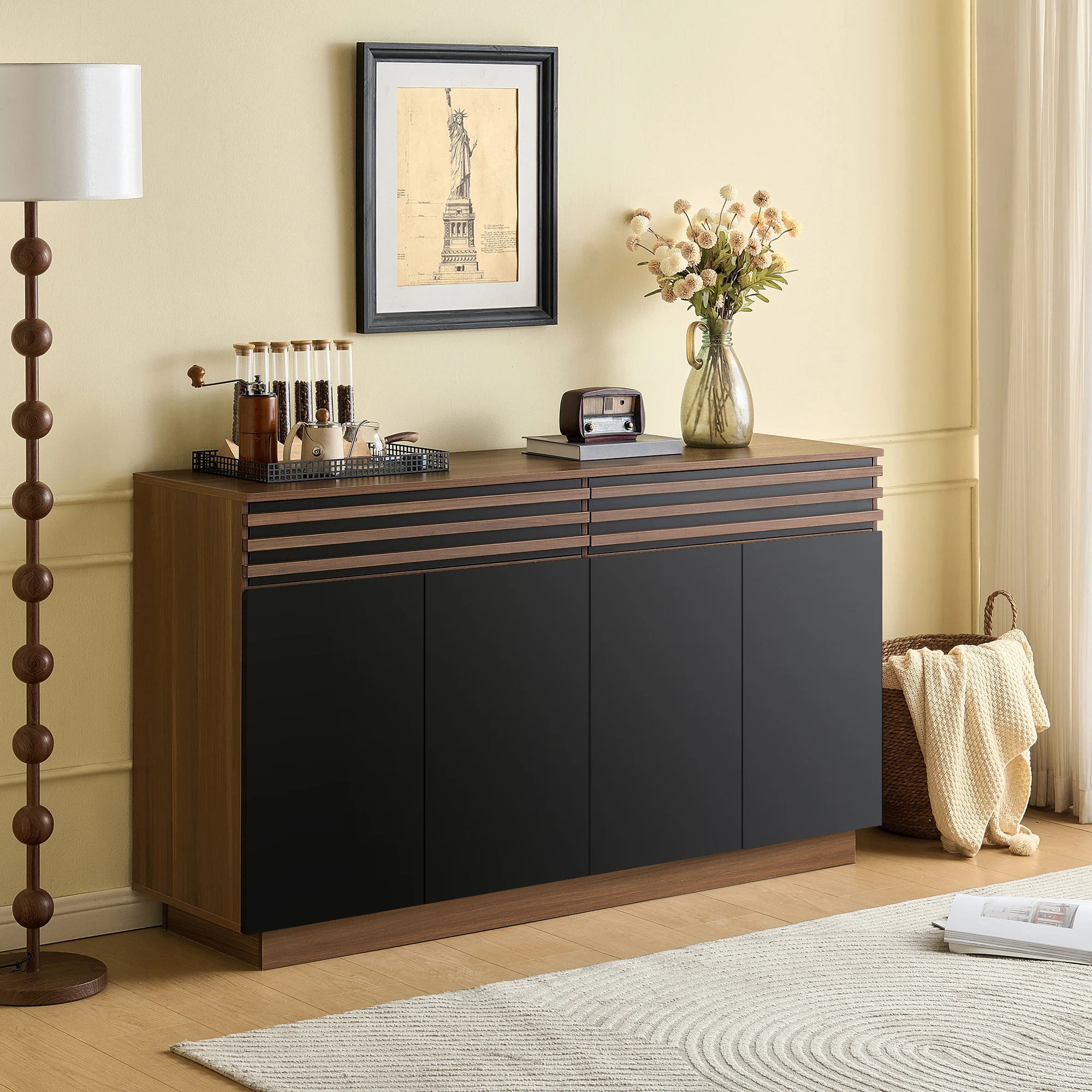 Modern Sideboard 150 x 40 x 85 cm – Brown Wood Finish with Black Doors ...