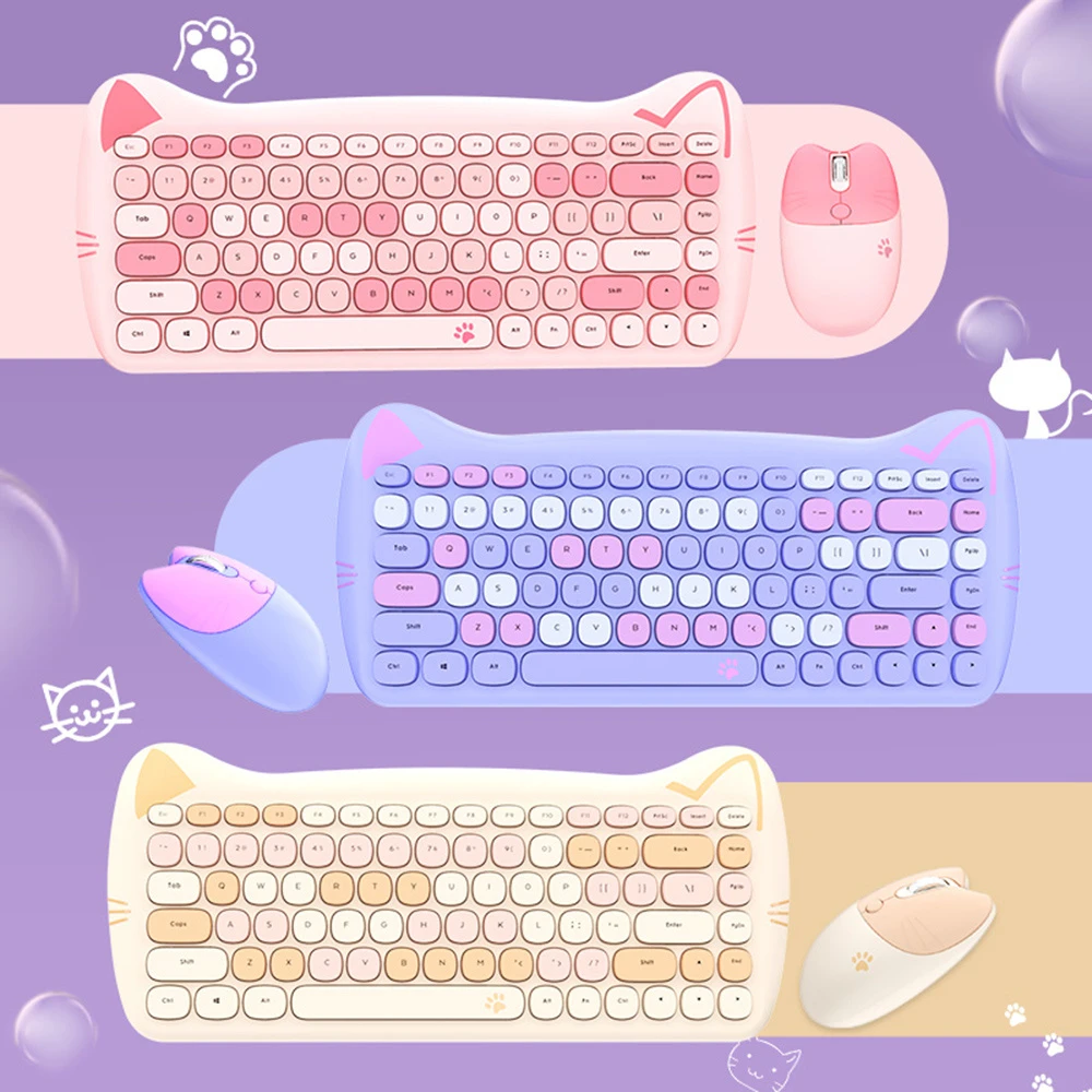 2 4ghz Wireless Color Wireless 84 Key Keyboard And Mouse Set Girls Lovely Chocolate Cat Ear 