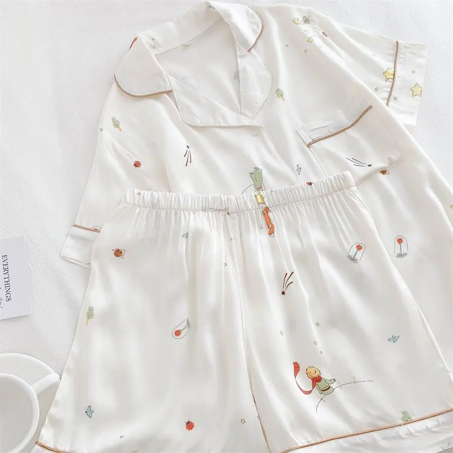 Women-Print-Stain-Silk-Summer-Pajamas-Set-Short-Sleeves-Short-Pants-2 ...