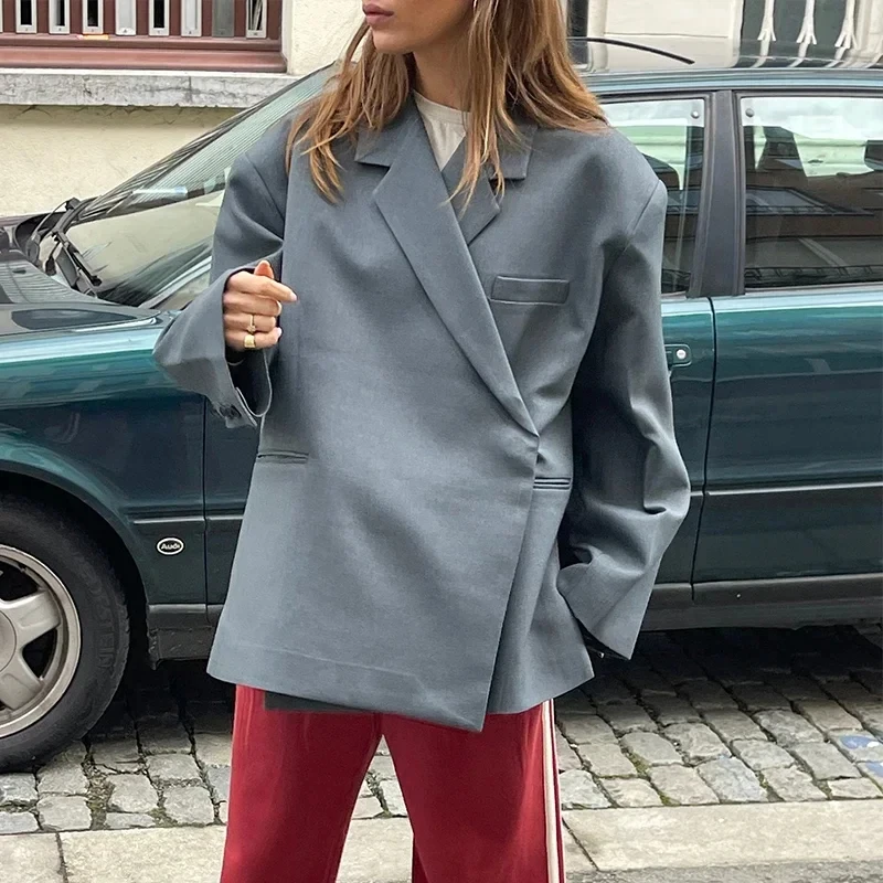 Loose Slanted Placket Suit Jacket Women Autumn Oversize Solid Suits ...
