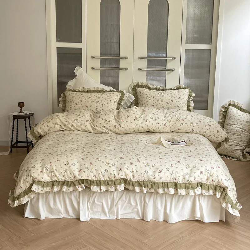 Natural-cotton-yarn-Korean-Bedding-Set-Soft-Lace-Duvet-Cover-Set-Bed-Sheet-Pillowcases-twin ...