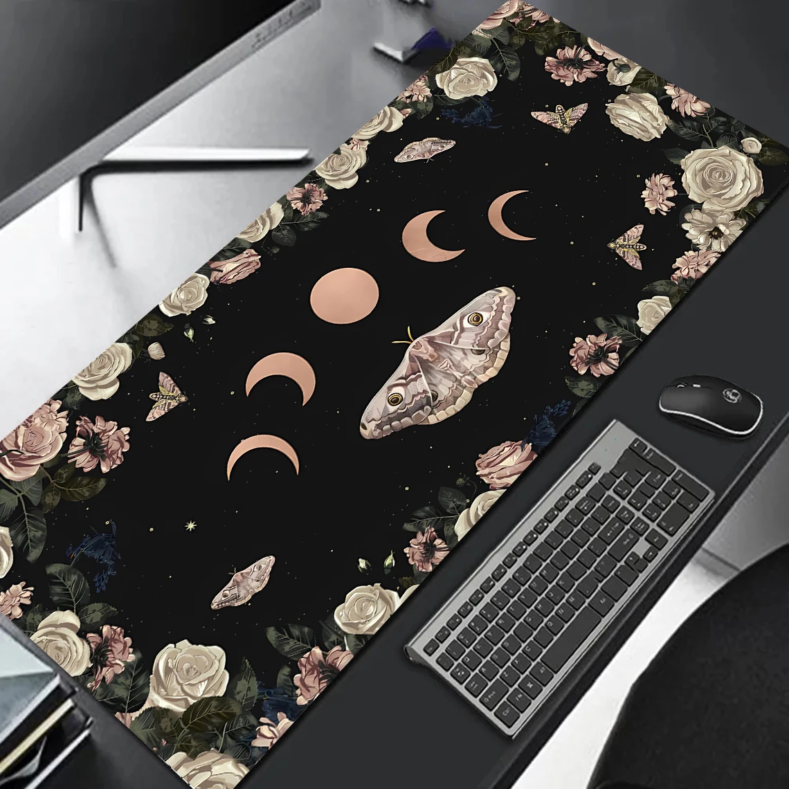 Moon-Phases-Desk-Mat-Black-Cottagecore-Pale-White-Roses-Butterflies ...