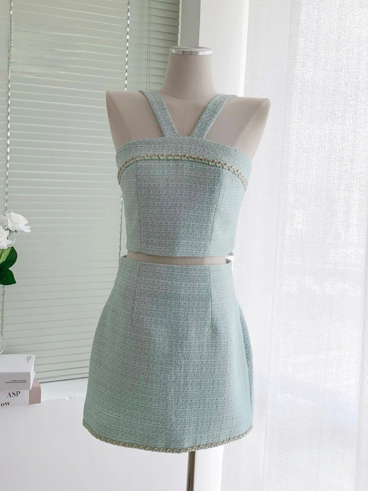 Summer Fall New Mint Green Braided Tweed Two Piece Set Women Sexy ...
