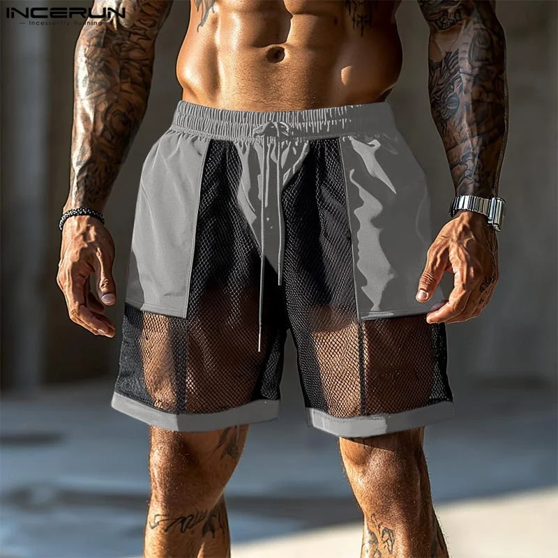 INCERUN Men Shorts Mesh Patchwork Transparent Drawstring Loose Casual ...