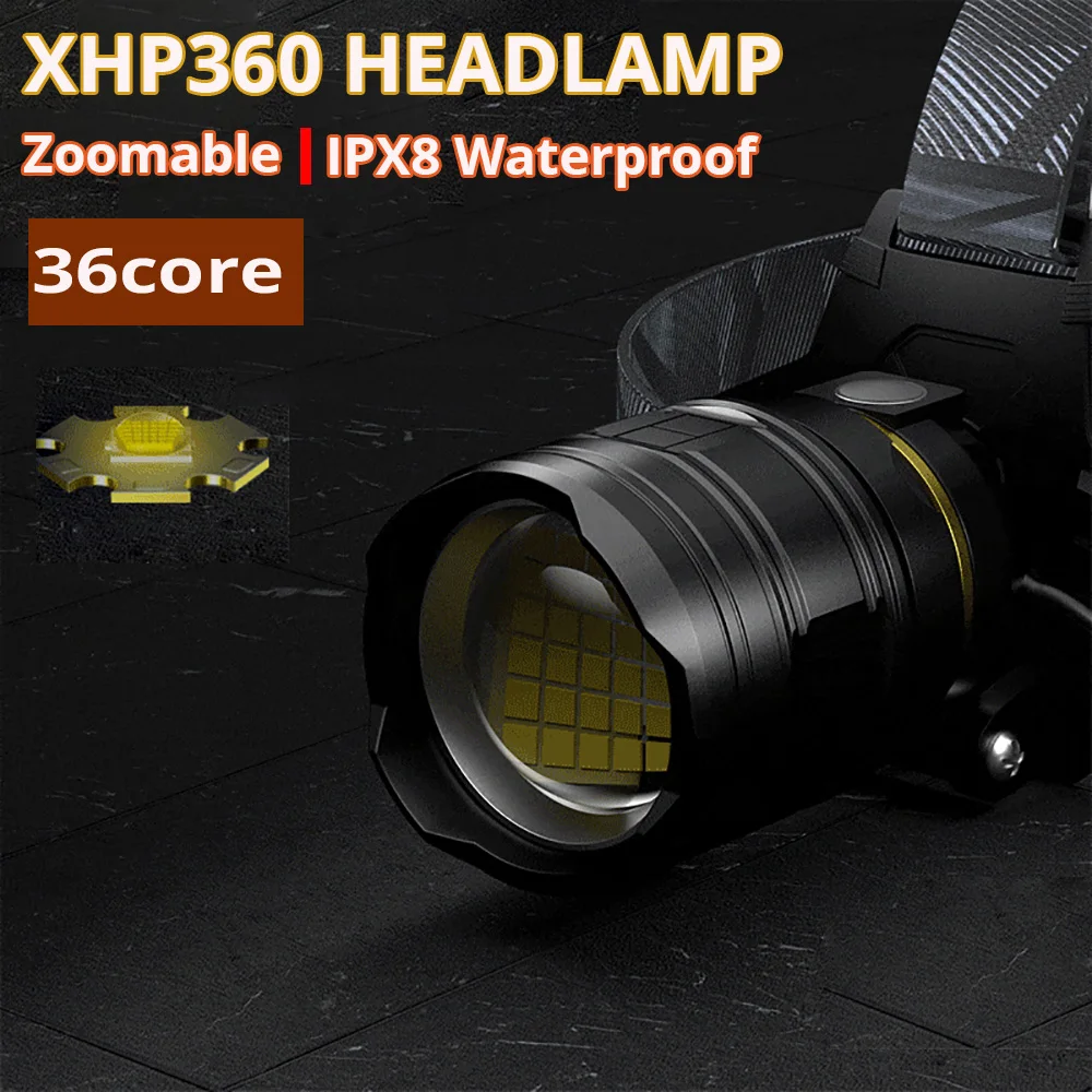 Newest Xhp360 Brightest Led Headlamp Zoomable Powerbank 36-core ...