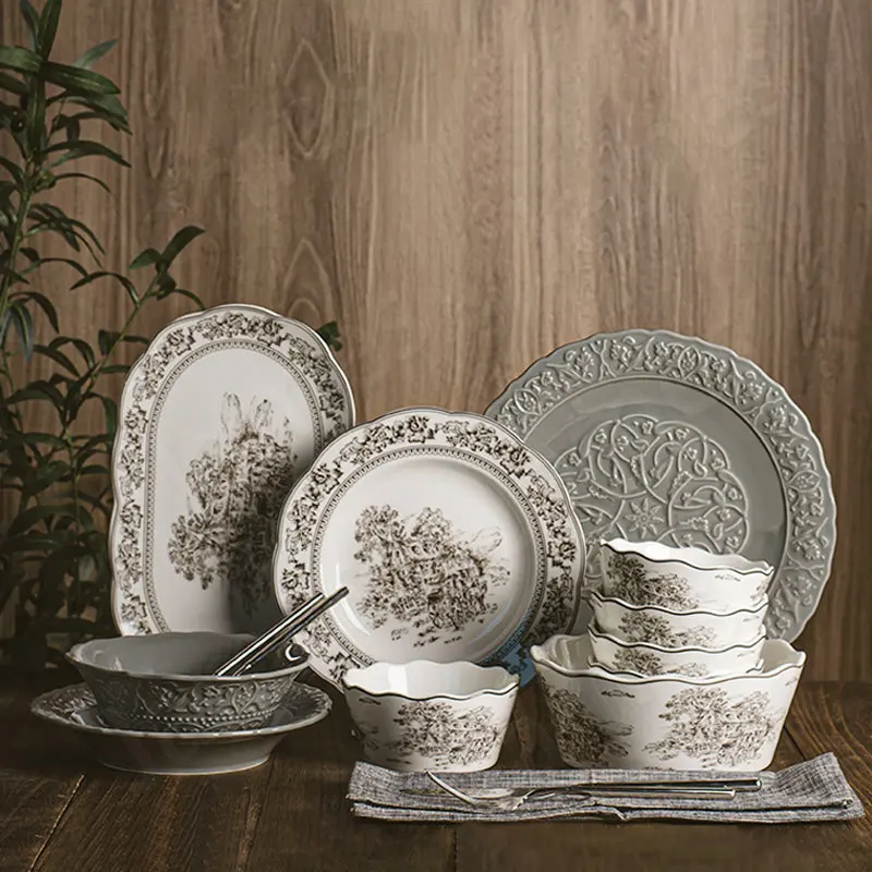 European-Style-Dinner-Plate-Vintage-Relief-Ceramic-Plates-Steak-Pasta ...