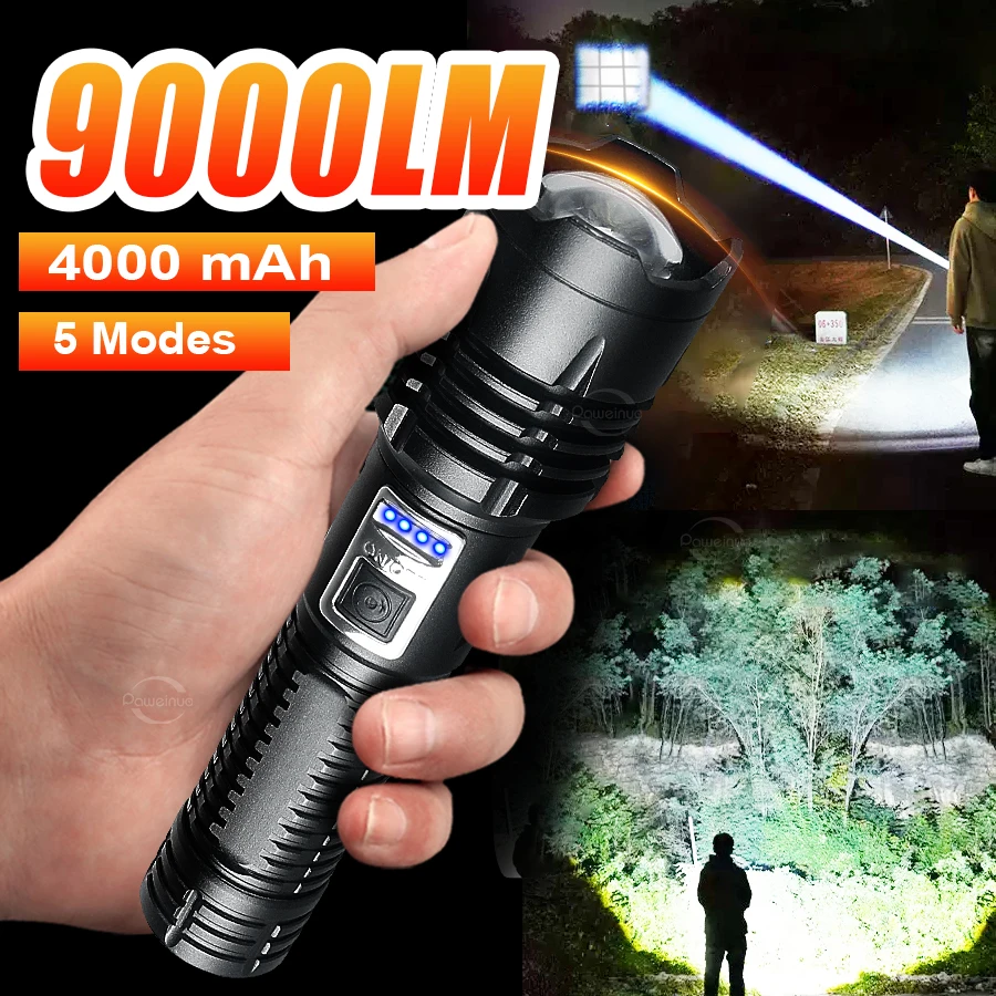 4000mAh-High-Power-LED-Flashlights-Torch-USB-Rechargeable-Telescopic ...