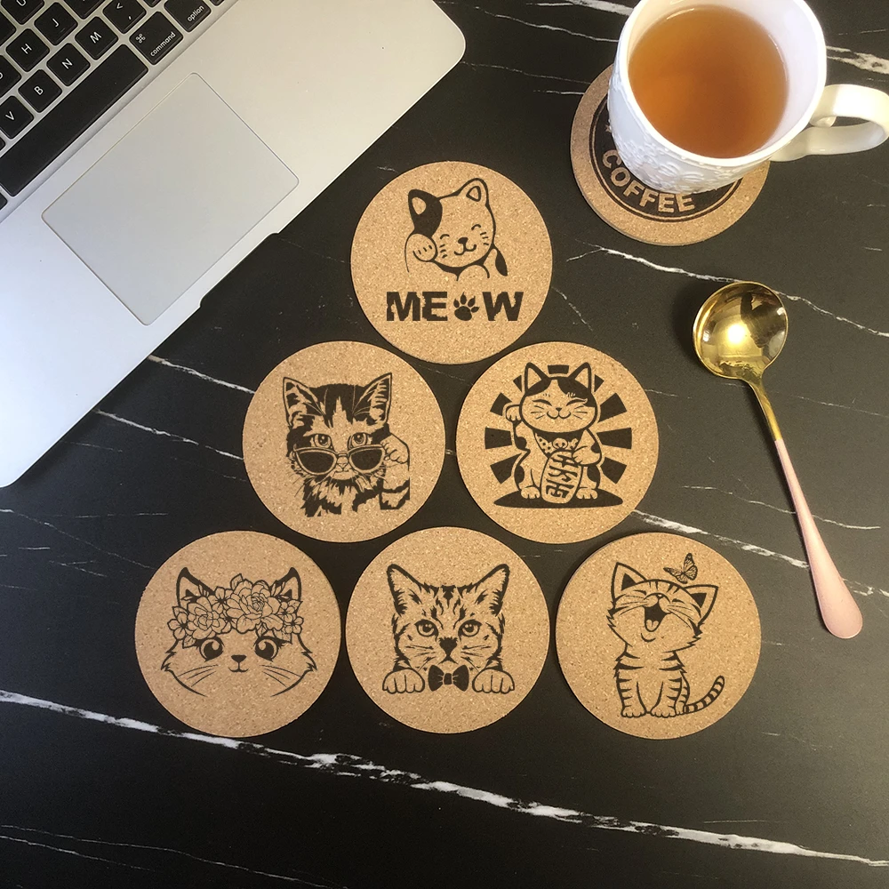 Cork Coaster Engraved Cute Cat Design Tea Coffee Mug Drinks Holder For ...