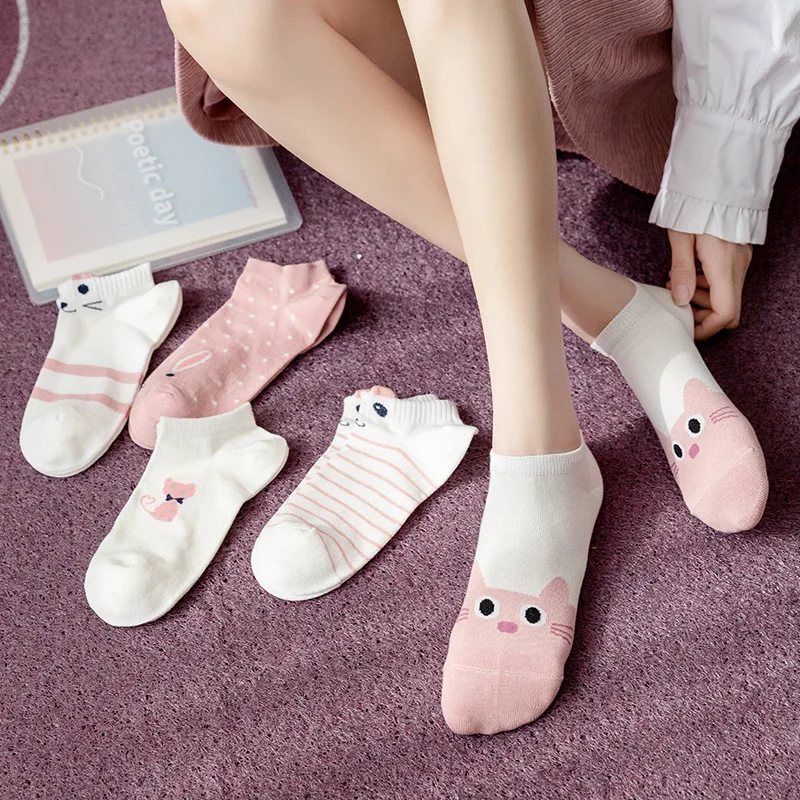 5-Pairs-Women-s-Short-Tube-Socks-Pink-Cat-Thin-Four-Seasons-Cute-Boat ...