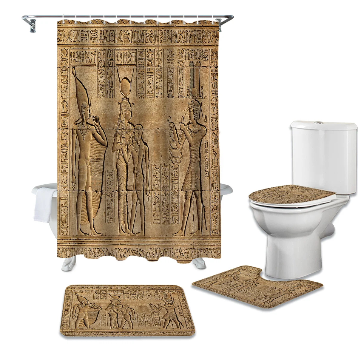 The-Statue-Egypt-Shower-Curtain-Sets-Non-Slip-Rugs-Toilet-Lid-Cover-and ...