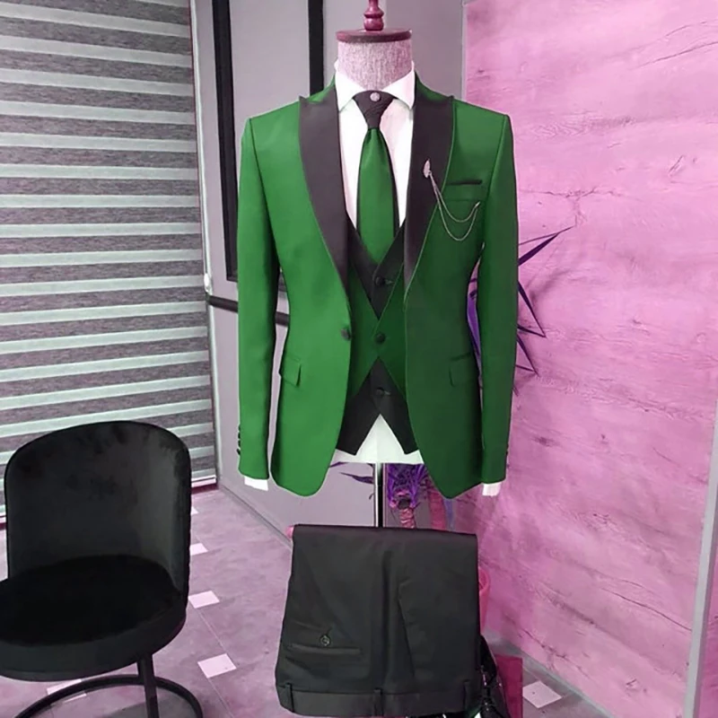 Green Men Suits Black Lapel Costume Homme Wedding Groom Suits Tuxedos ...