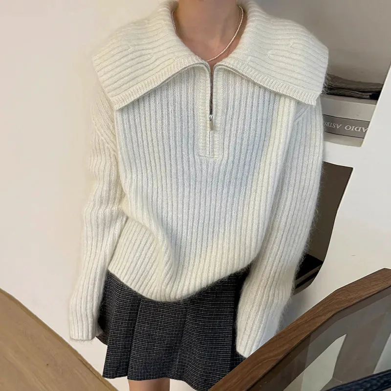 High End Sweaters Pullover for Women Fashion Half Zipper Wide Lapel ...