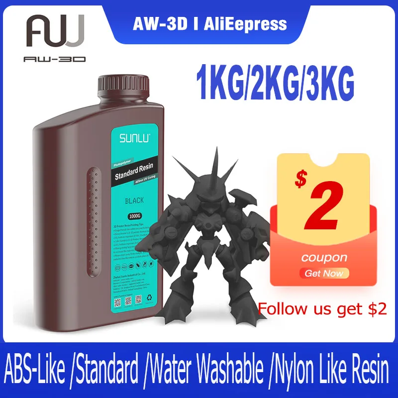 SUNLU resina 3D ABS/estándar/lavable al agua/nailon, 1KG/2KG/3KG, UV, para impresora 3D LCD/DLP ...
