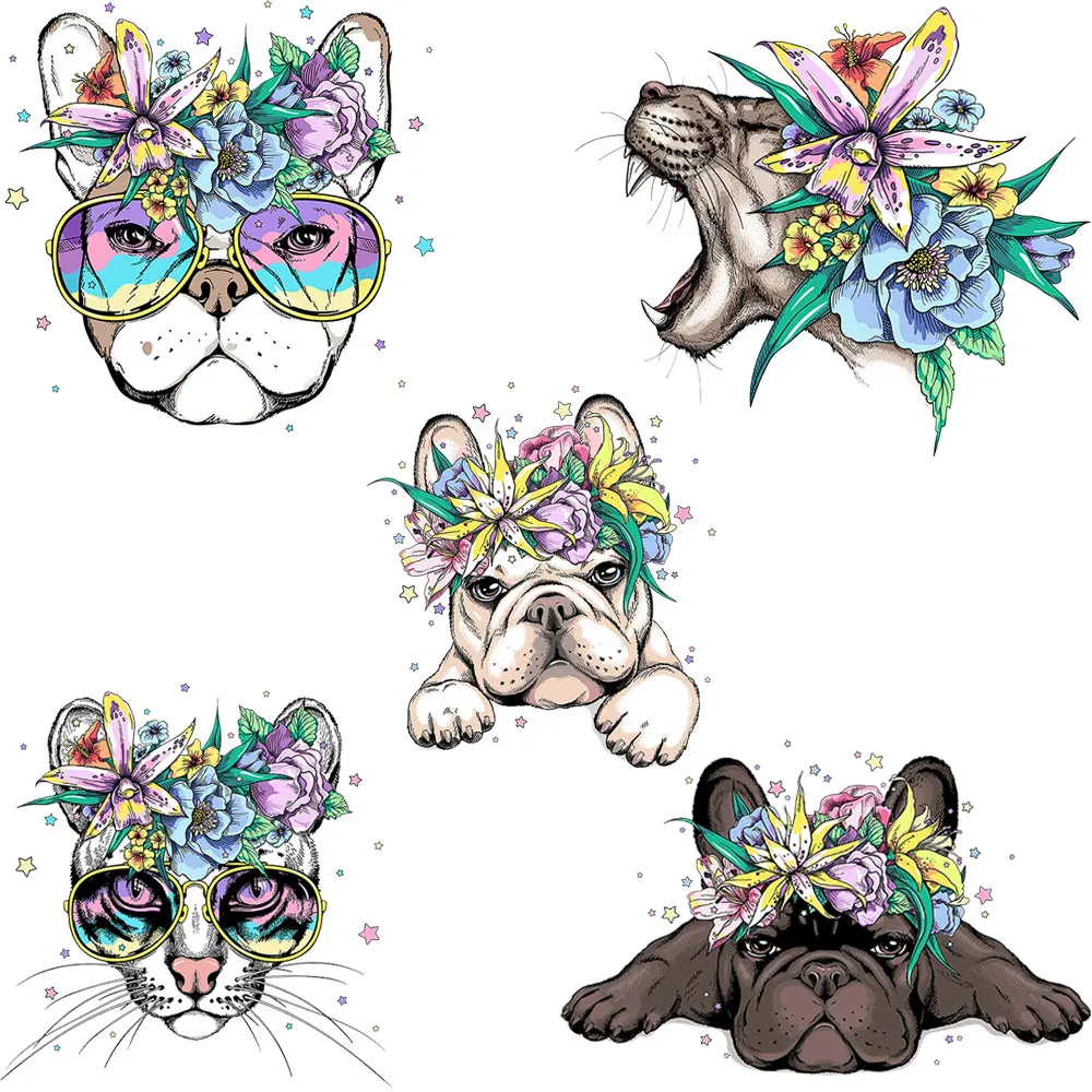 Flower Wolf Cat Dog Heat Transfers Patches Iron On Clothing DIY Thermal ...