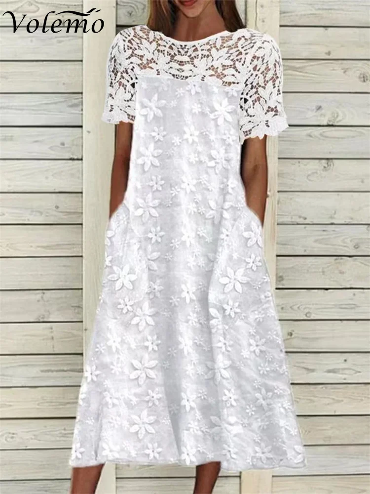 White-Lace-Dress-Fashion-Elegant-Casual-Dress-Woman-Short-Sleeve-Loose ...