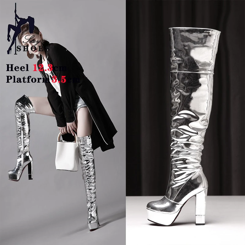 Thigh-High-Stripper-Boots-Mirror-Face-Ladies-Round-Toe-Chunky-High ...