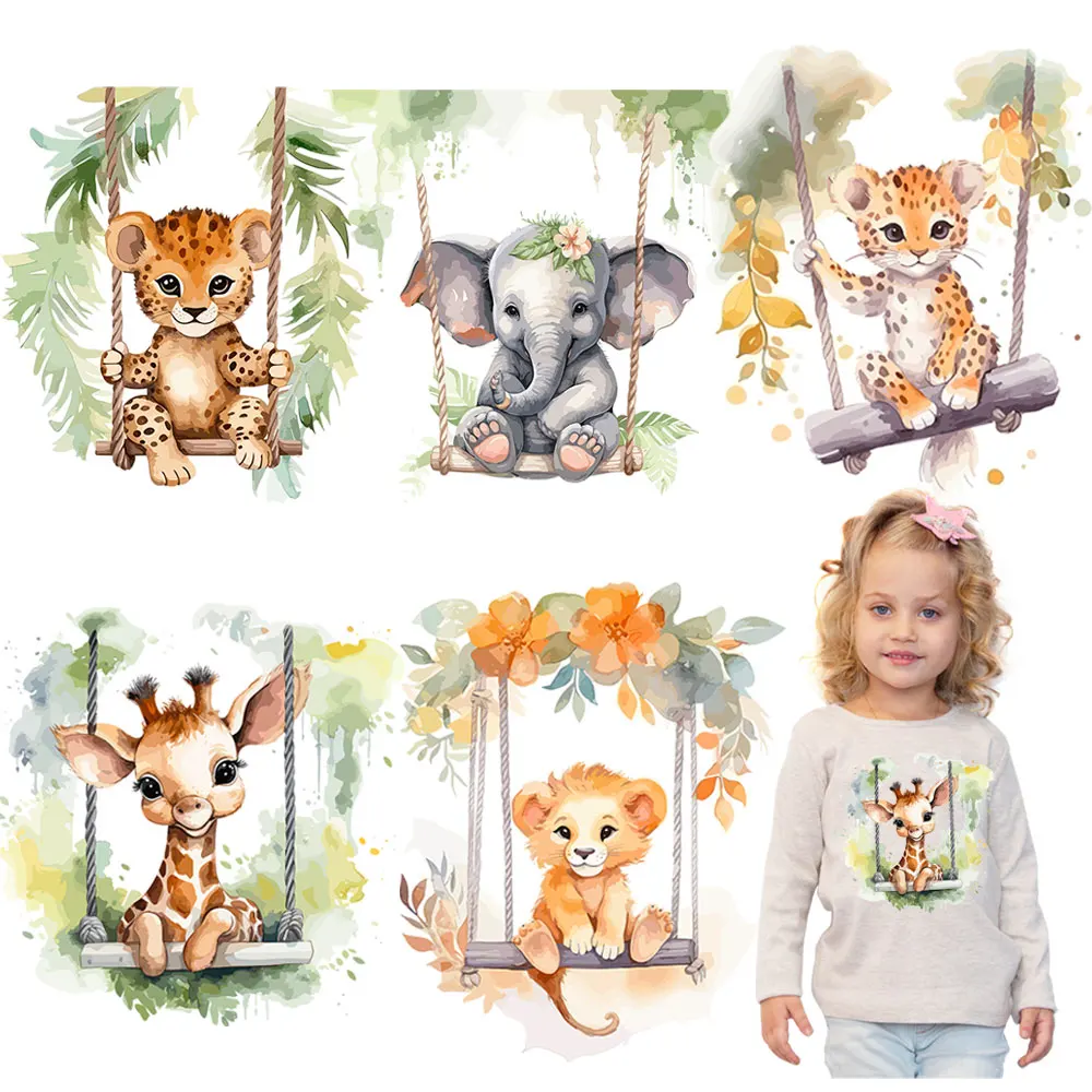 Baby Animal On Swings Heat Transfers For Kids Clothing Elephant Tigers ...