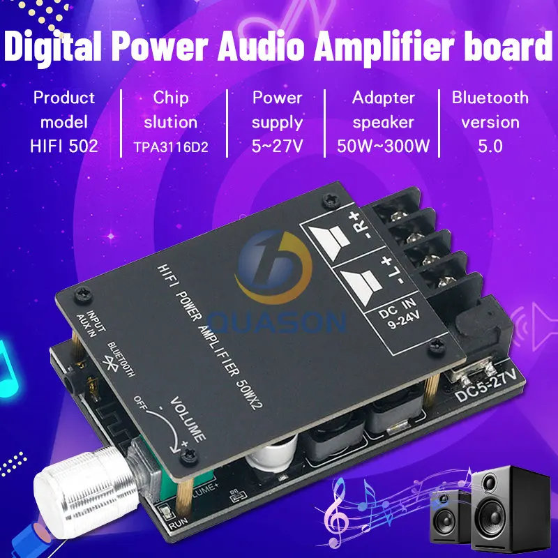 ZK-502C HIFI Stereo Bluetooth 5.0 TPA3116 Digital Power Audio Amplifier board TPA3116D2 50WX2 ...