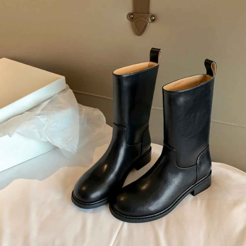 Genuine-Leather-Women-s-Shoes-Round-Toe-Thick-Heeled-Mid-Calf-Boots-New ...