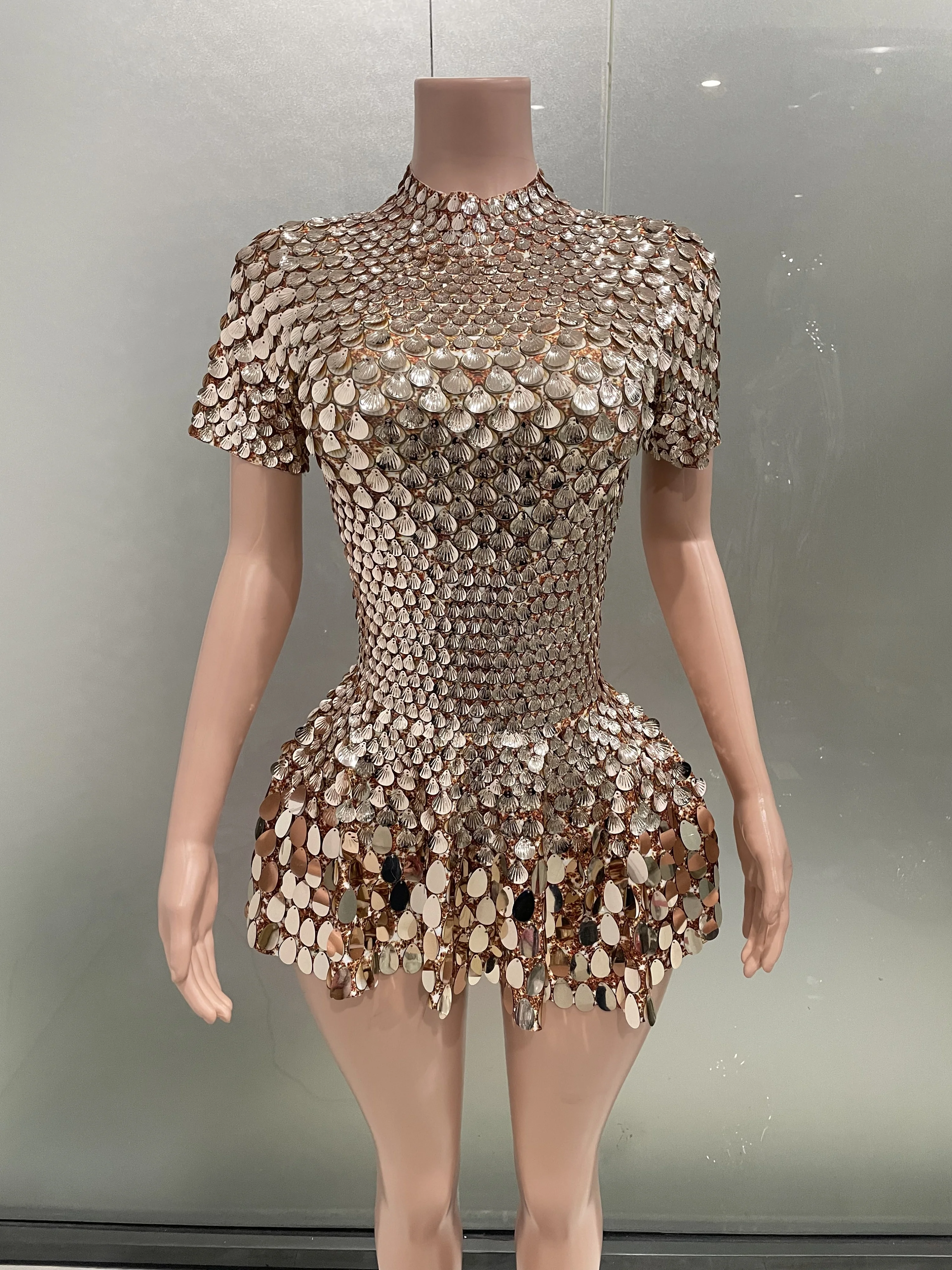 Shiny-Gold-Scale-Sequin-Bodysuit-Mini-Short-Dress-Women-Dancer-Team ...