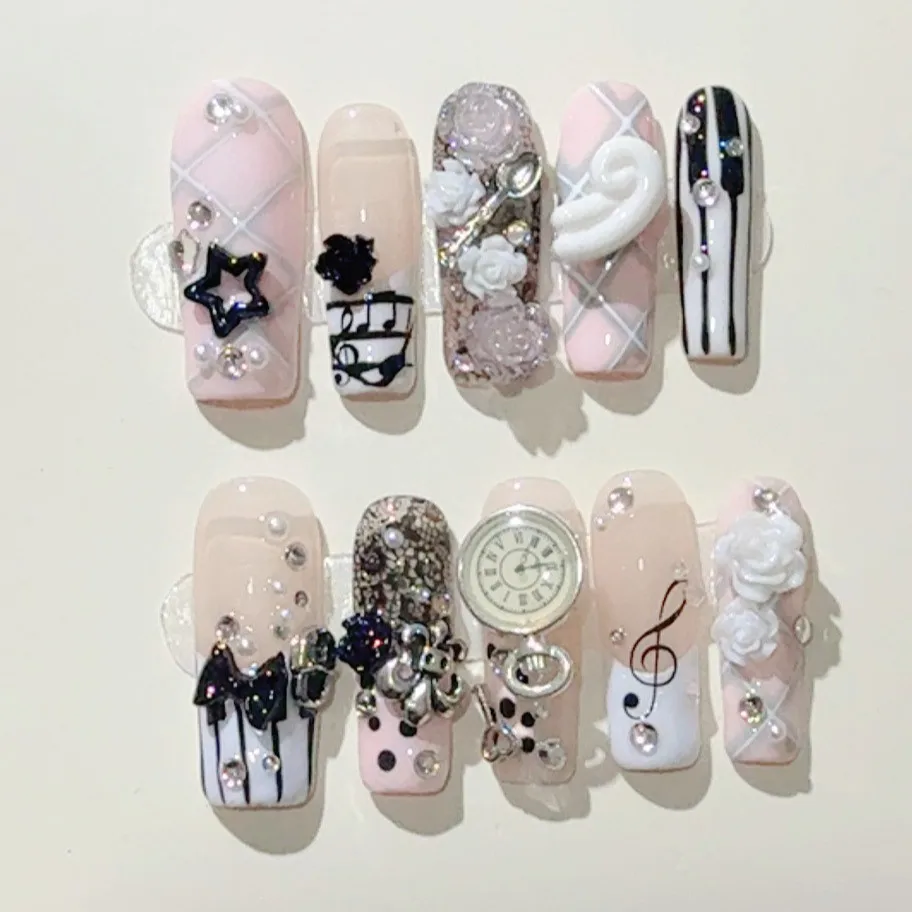 Musical Notes Retro Vintage Y2K Gyaru French Handmade Press On Nails 3D ...