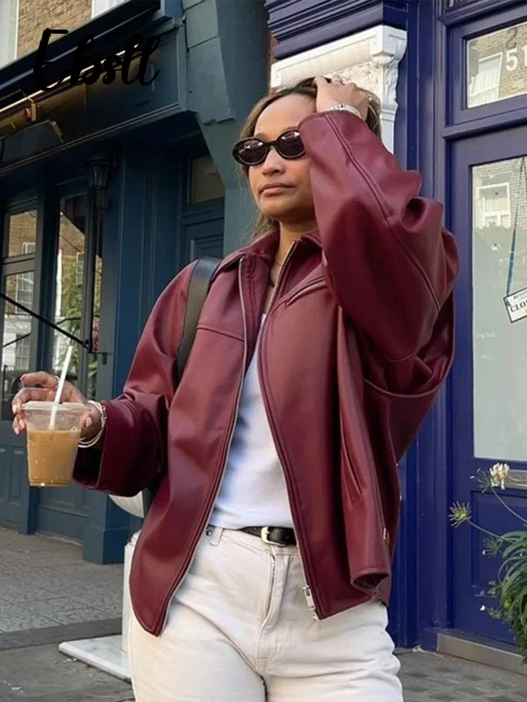 Fashion-Red-Wine-Leather-Jacket-Women-Loose-Lapel-Zippers-Long-Lantern ...