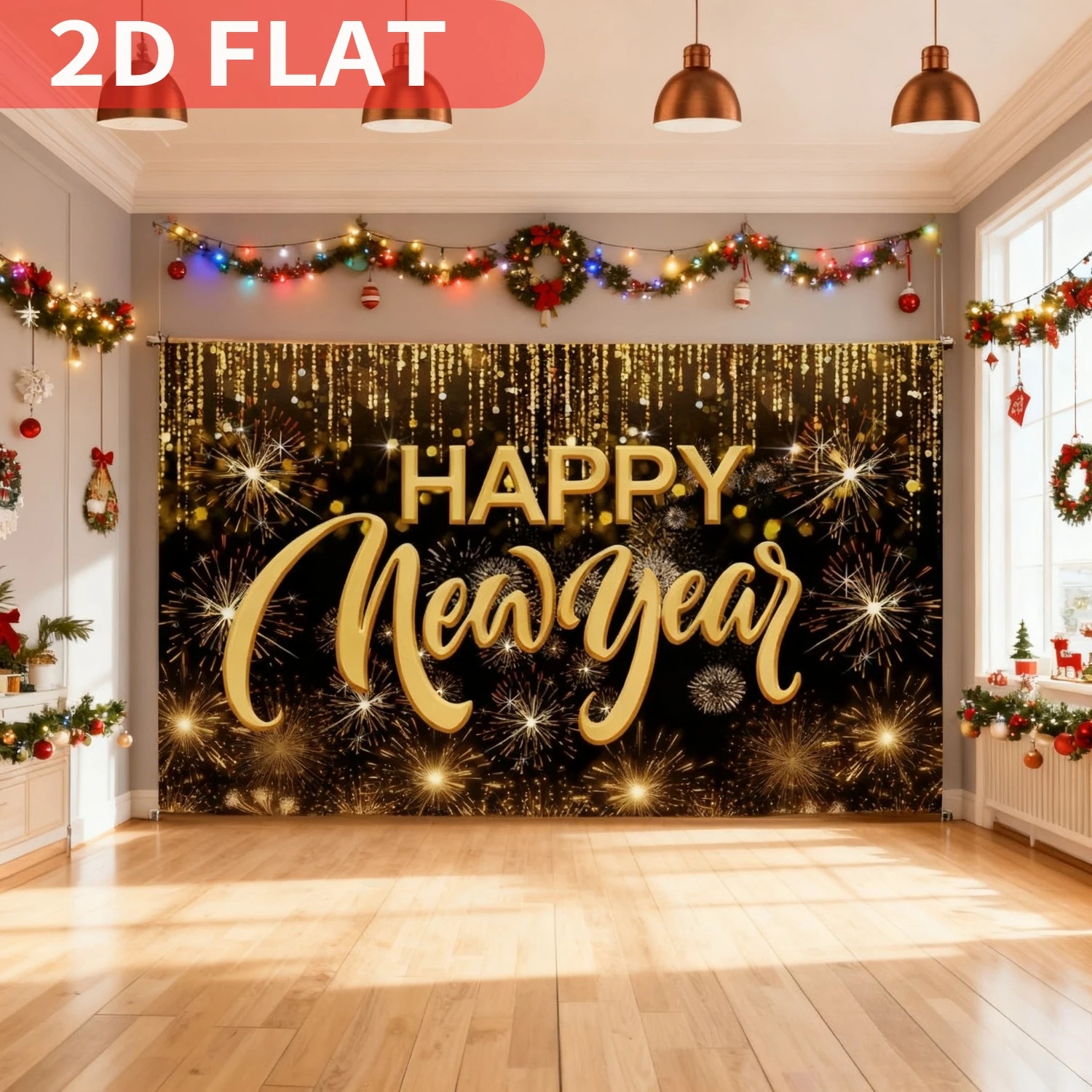 1pc Happy New Year, Party Photobooth Props Banner with Firework Pattern ...