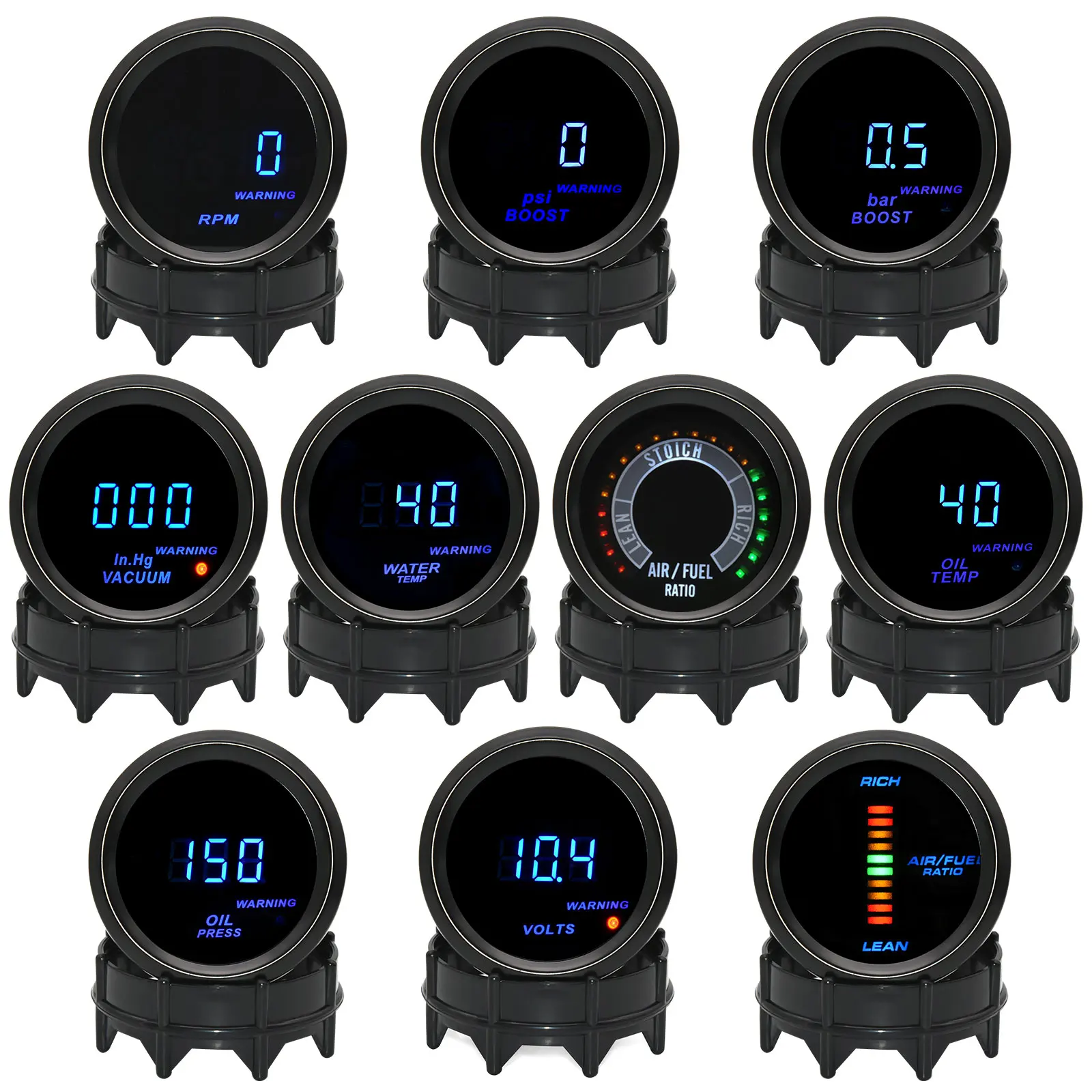 2-52mm-Blue-Digital-LED-Tachometer-Psi-Bar-Boost-Gauge-Vacuum-Gauge ...