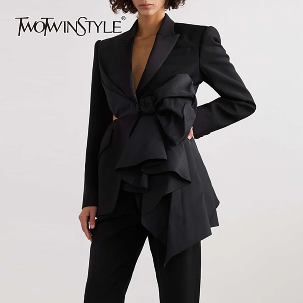 TWOTWINSTYLE-Hollow-Out-Patchwork-Bowknot-Blazer-For-Women-Notched ...