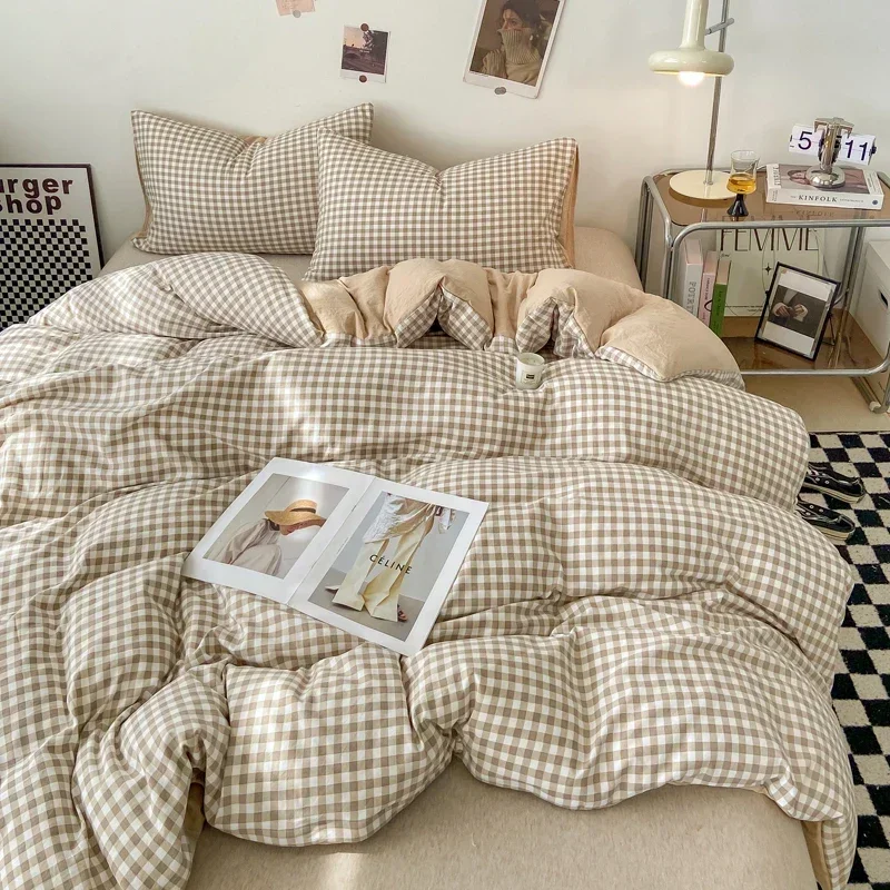 Japanese-Style-Check-Queen-Duvet-Cover-Set-1-3-Pcs-Soft-Washed-Quilt ...