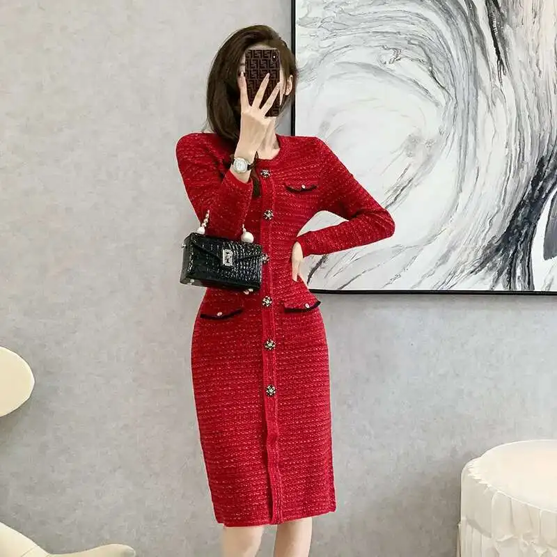#0908 Autumn Winter Red Office Sweater Dress Women Round Neck Buttons ...