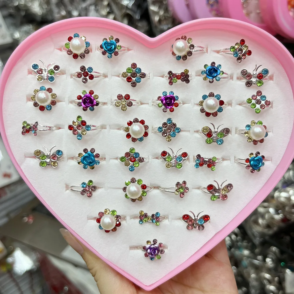 10-12PCS-Crystal-Imitation-Pearls-Flower-Kids-Finger-Rings-Party-Favors ...