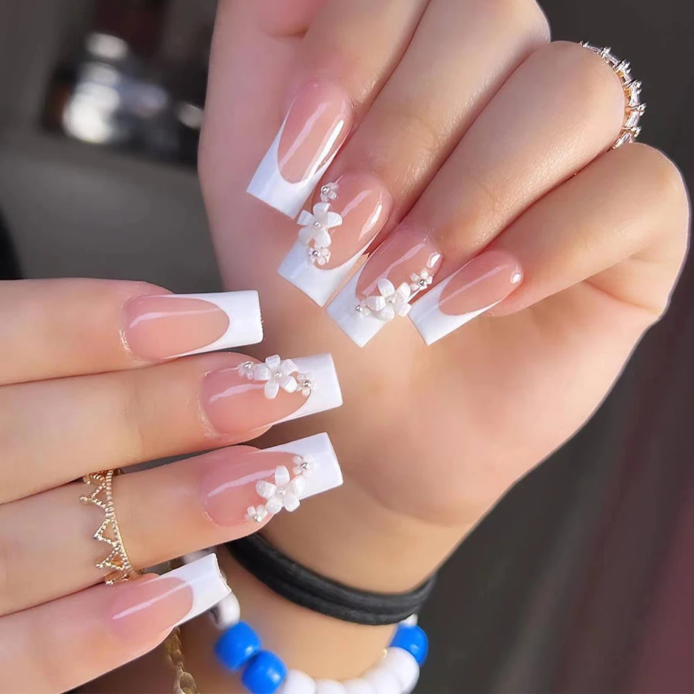 24pcs-French-white-square-nail-flower-simple-fake-nail-pieces-press ...