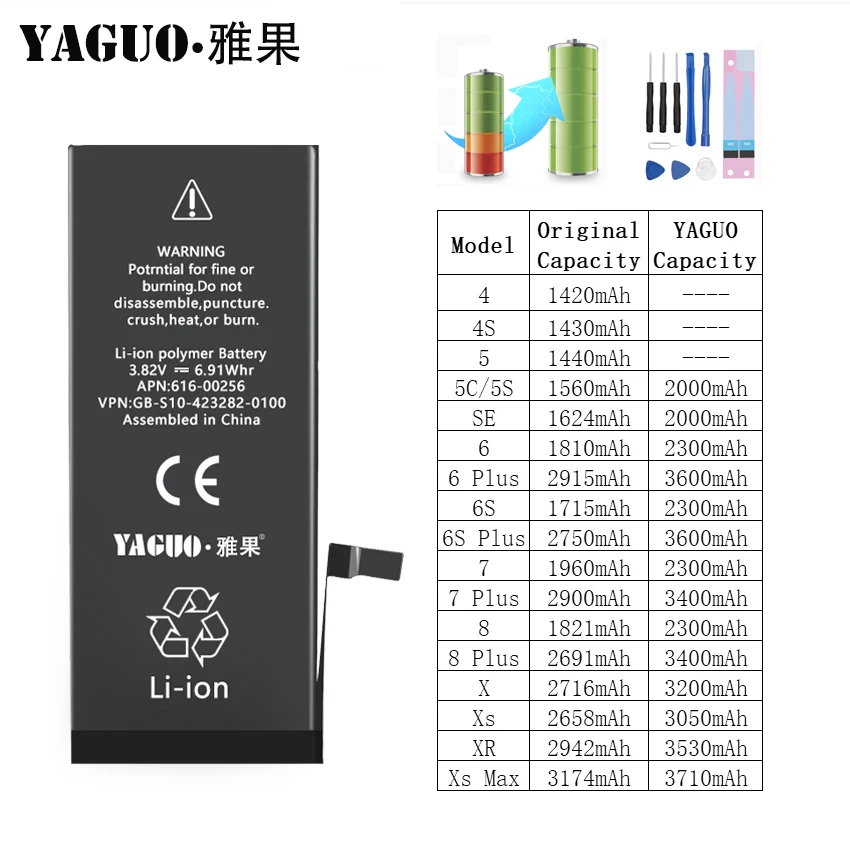 100% New Original Phone Battery For Apple iPhone 4 4S 5 5S 5C SE 6 6S 7 ...