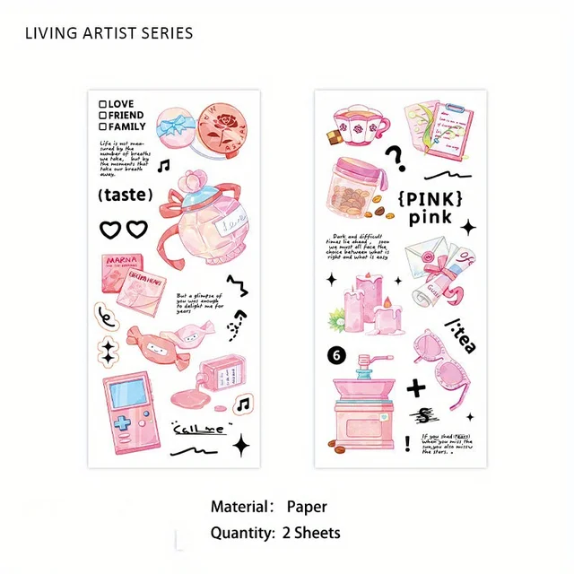 2 Sheets Retro Life Art Pink Stickers for Scrapbooking DIY Decorative ...