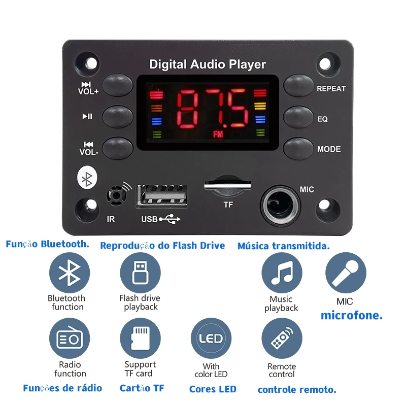 Placa decodificadora mãos-livres para carro, microfone de áudio, TF USB ...