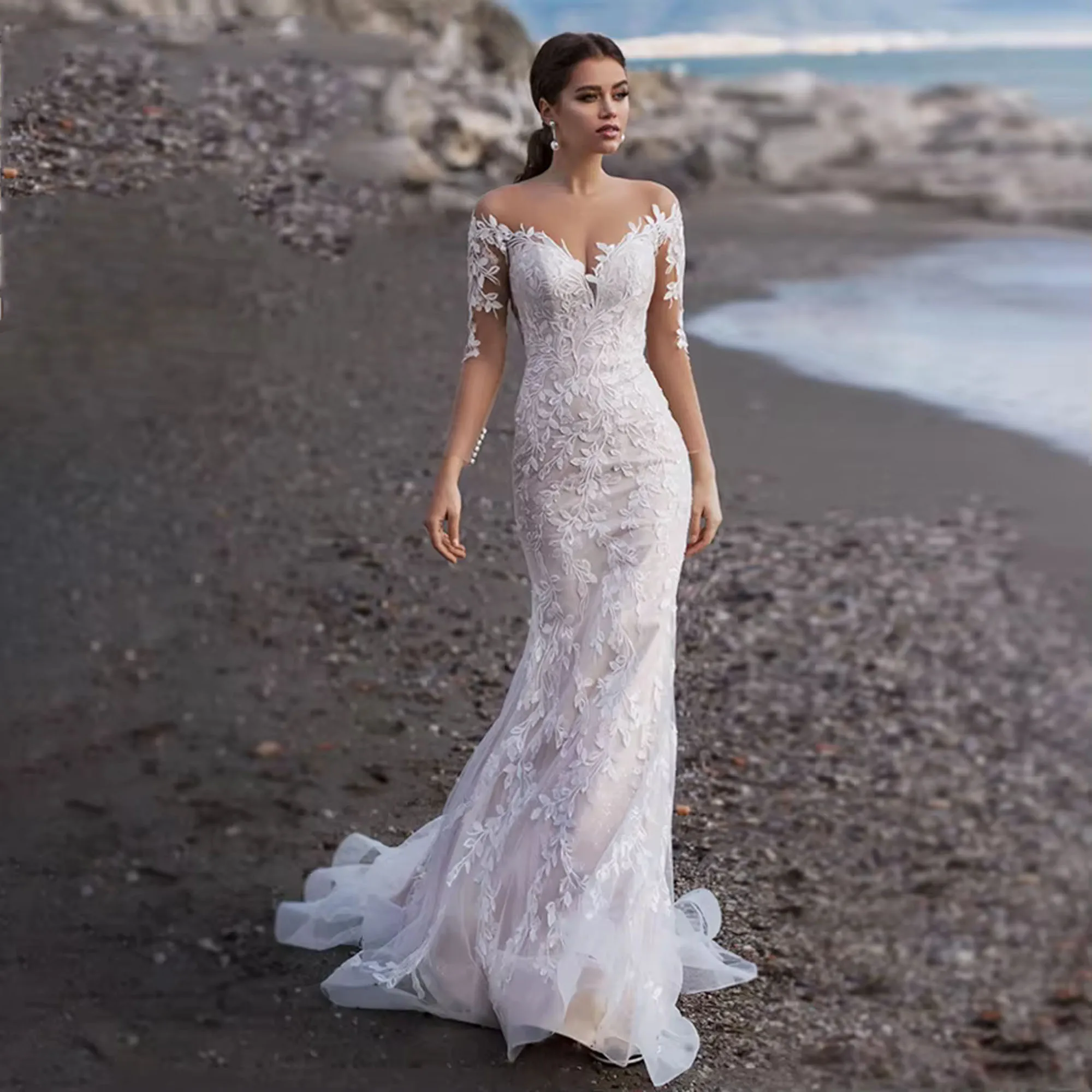 JEHETH Mermaid Wedding Dresses Bride Long Sleeve Invisible Neckline ...