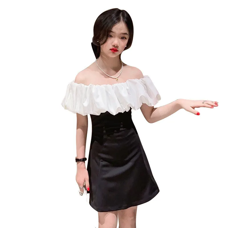 Young Girls Fashion Shoulderless Dresses Black White High Grade ...