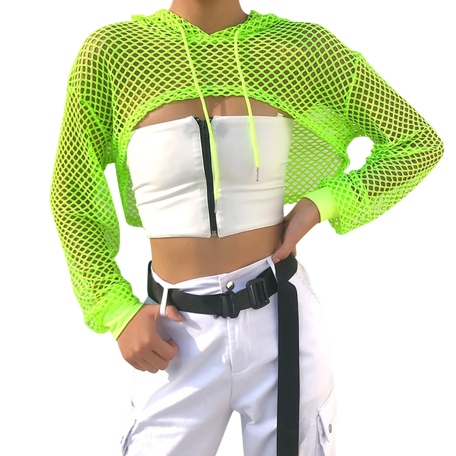 Neon-Green-Mesh-Fishnet-Crop-Top-Women-Perspective-Smock-Long-Sleeve ...