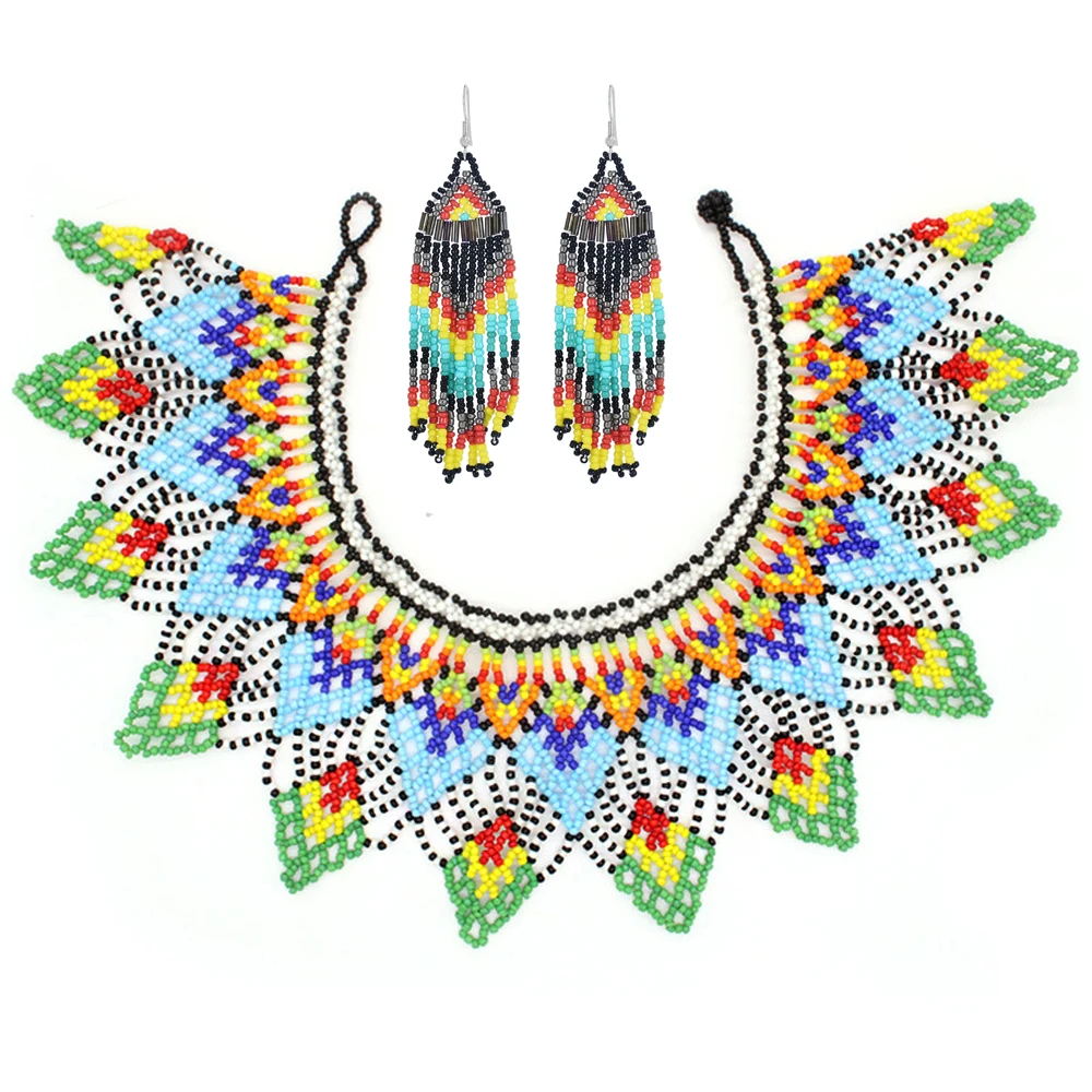 African Ethnic Tribal Colorful Beaded Bib Choker Necklace Earrings Set
