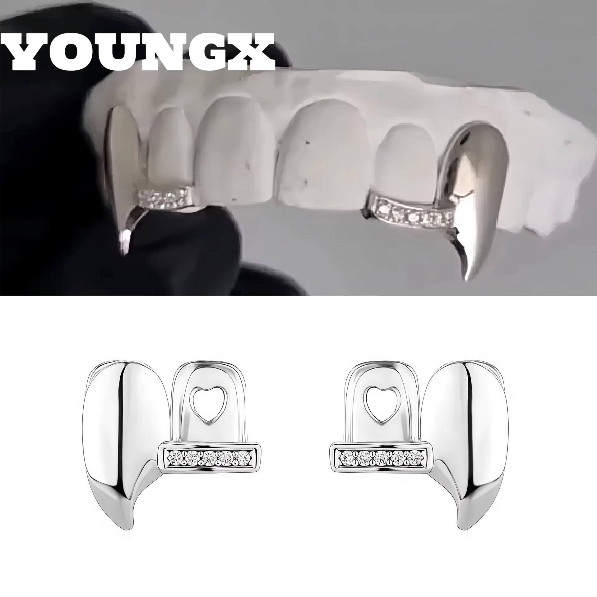 YOUNGX Hip Hop Horizontal Bar Zircon Teeth Grillz Fangs For Women Men ...