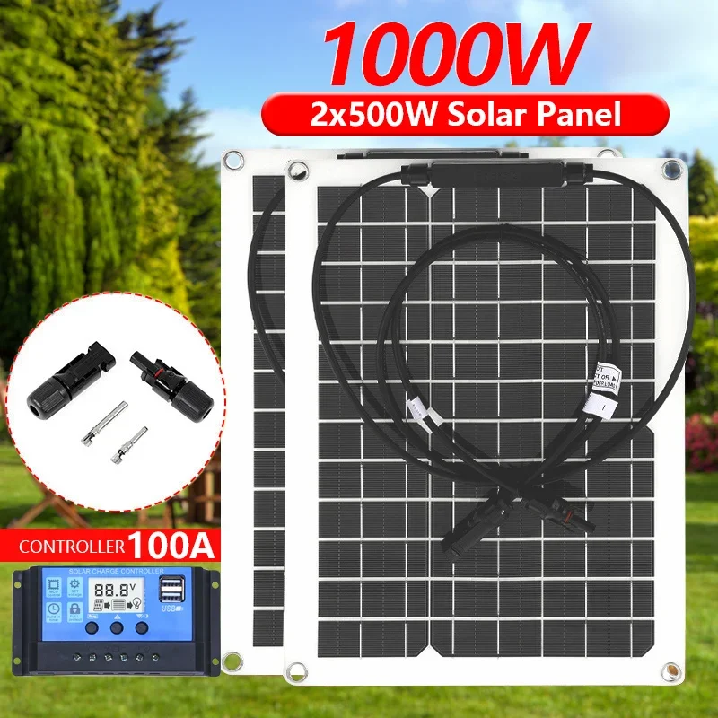 1000W/500W Waterproof Flexible Solar Panel - 12V Power System with 10 ...