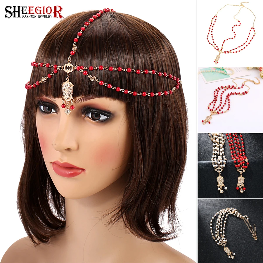 Romantic-Red-White-Beads-Head-Chain-Headband-Forehead-Accessories ...