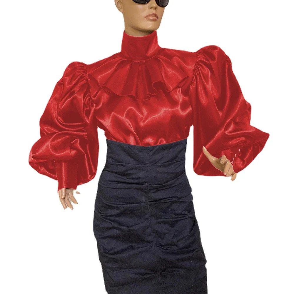 Smooth-Satin-Women-s-Blouse-Fluffy-Long-Sleeves-Shirt-Office-Ladies ...