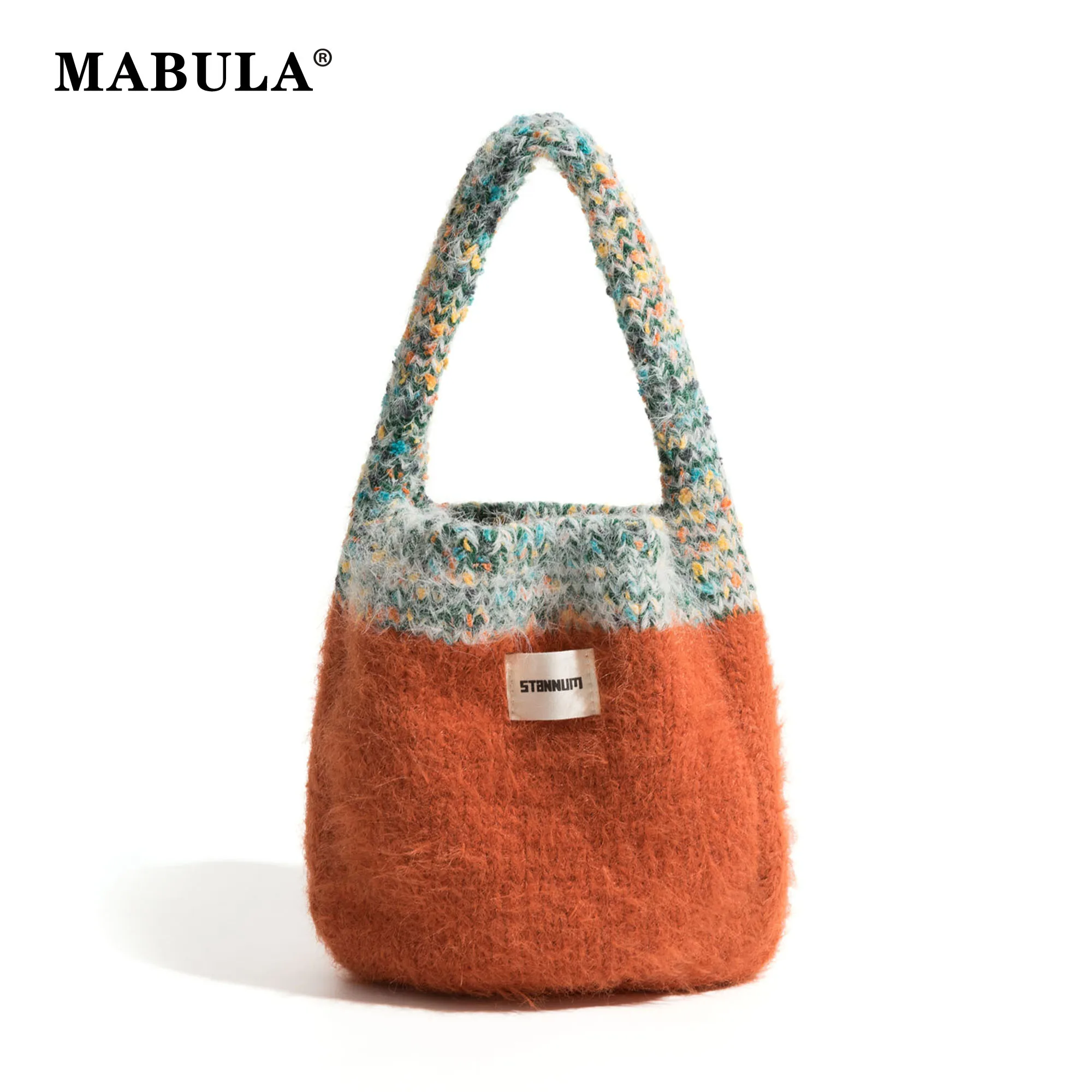 MABULA Bohemian Knit Girl's Tote Bag Colorful Plush Crochet Handbag ...