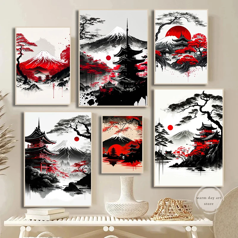 Vintage Japanese Style Natural Landscape Mount Fuji Red Sun Temple Wall ...